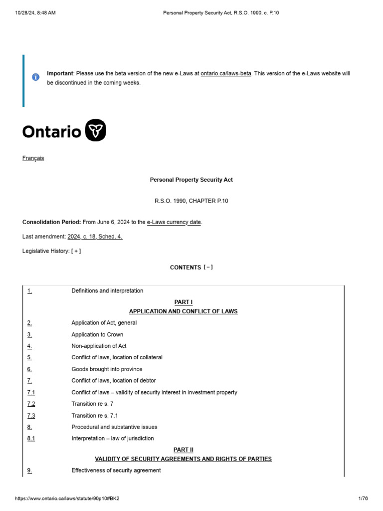 Ontario Personal Property Security Act | PDF | Assignment (Law ...