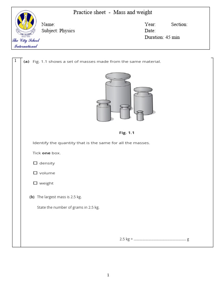 Physics Practice Sheet: Mass & Weight | PDF | Weight | Mass