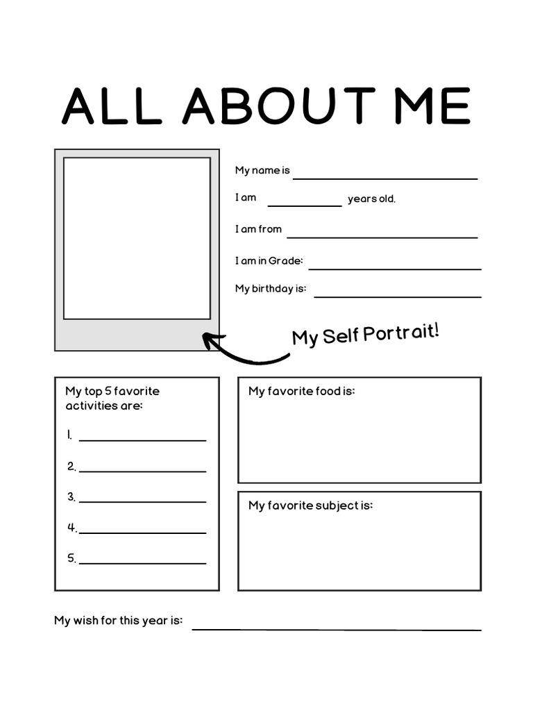 Simple Black and White Student Introduction All About Me Worksheet | PDF