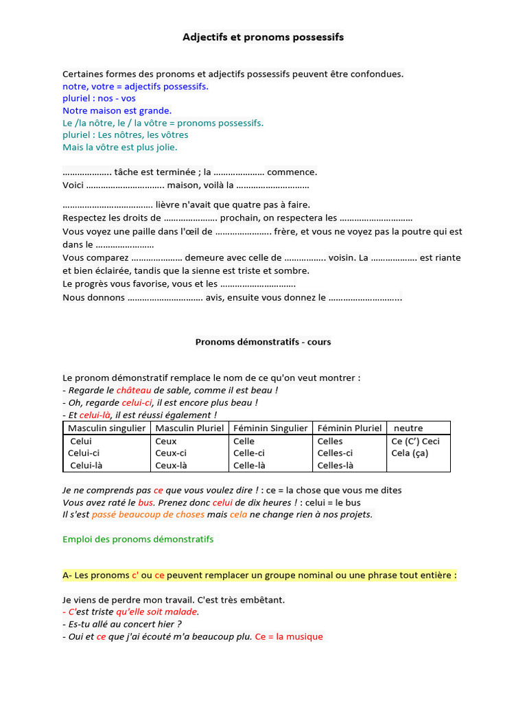 Adjectifs Et Pronoms Possessifs | PDF | Pronom | Genre grammatical