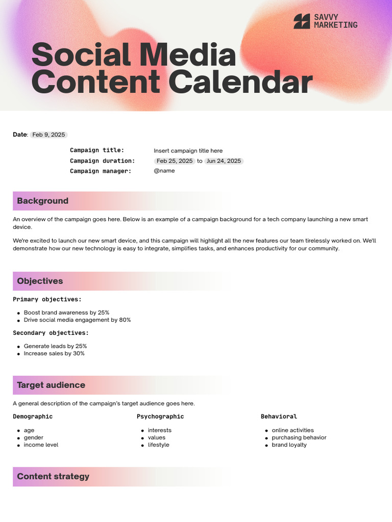 Content Calendar Doc in Purple Orange Cream Professional Gradients ...