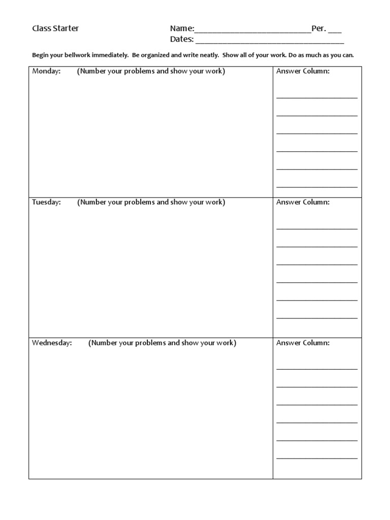 Weekly Bellwork Template | PDF