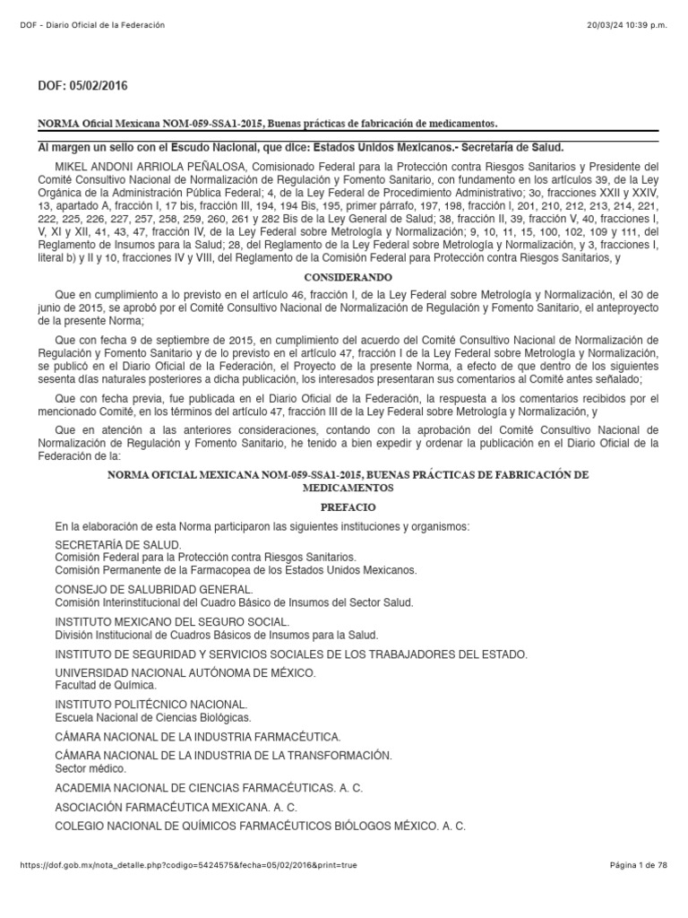 Nom 059 Ssa1 2015 | PDF | Calidad (comercial) | Medicamentos con receta