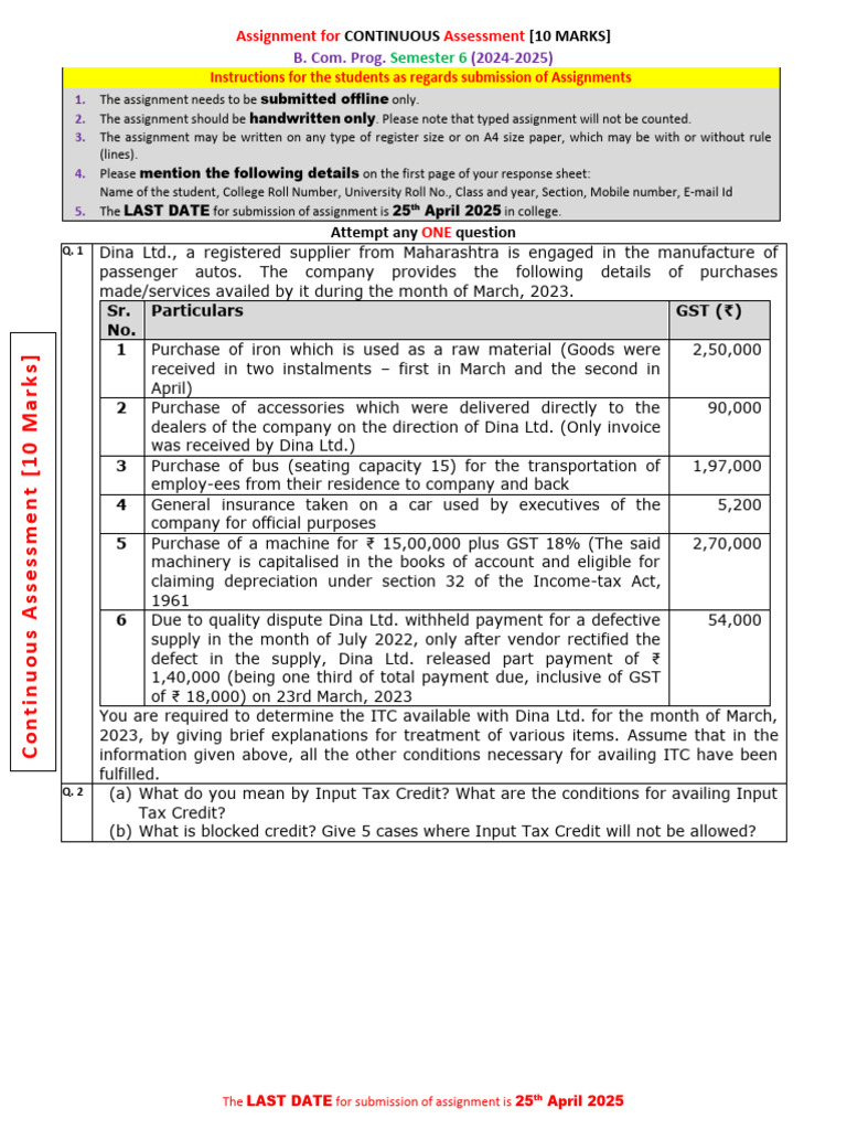 Continuous Assessment Assignment GST | PDF | Payments | Taxes