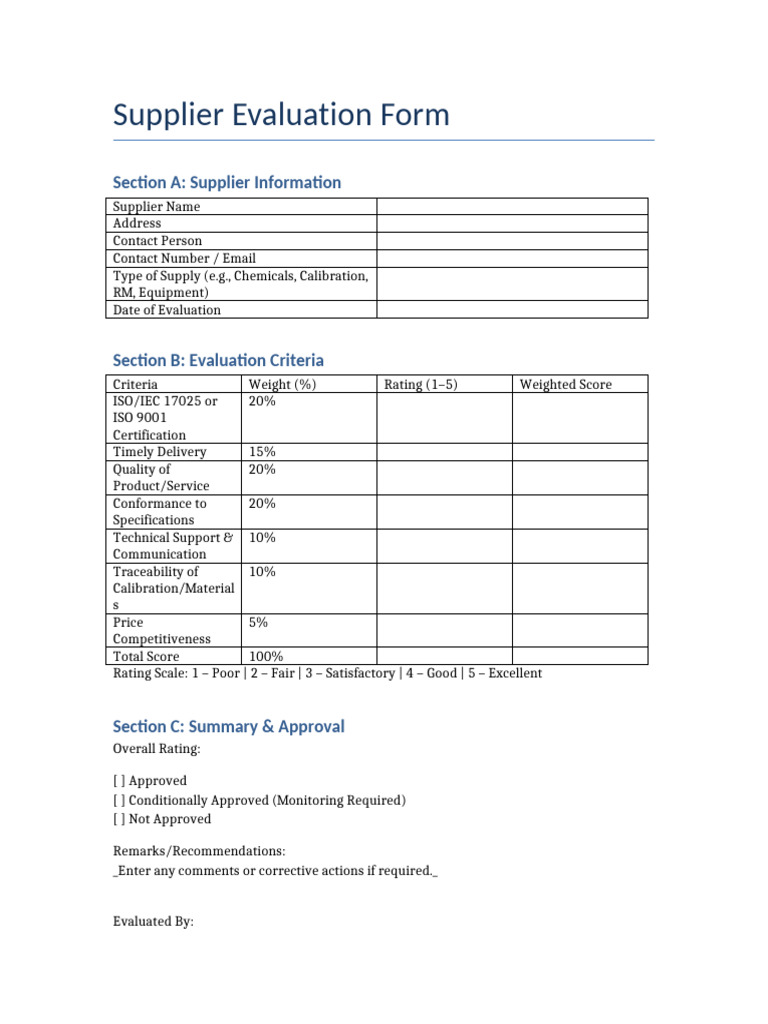 Supplier Evaluation Form | PDF