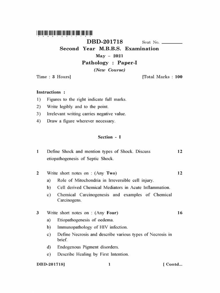 Second Year M B B S Examination May - 2021 Pathology Paper I New | PDF