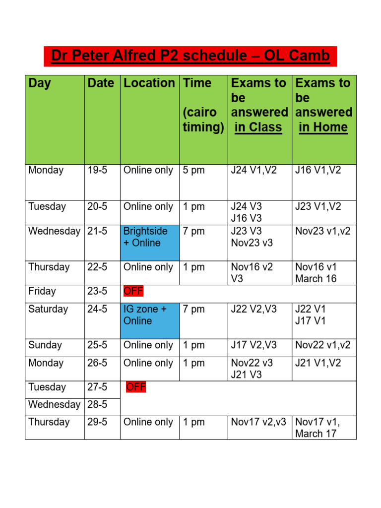 Dr. Peter Alfred P2 Exam Schedule | PDF