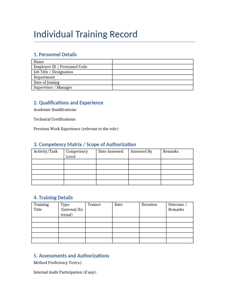 Individual Training Record ISO 17025 | PDF