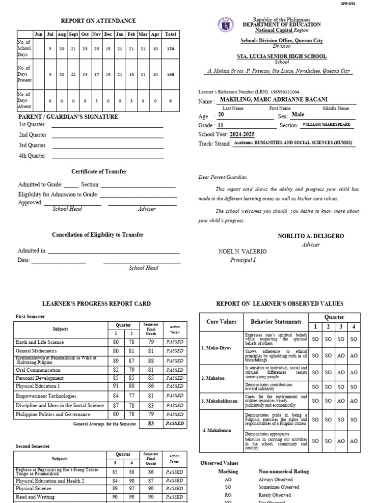 SF9 - SHS ( (Learner's Progress Report Card) 22 | PDF