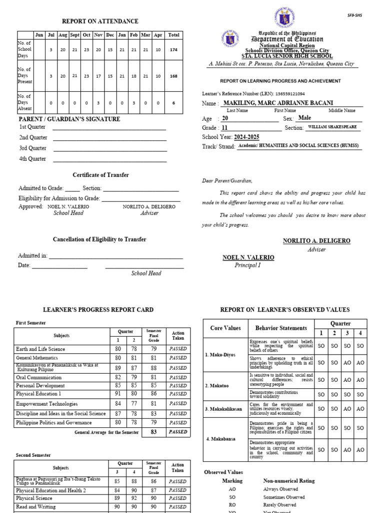 SF9 Senior High School Report Card | PDF