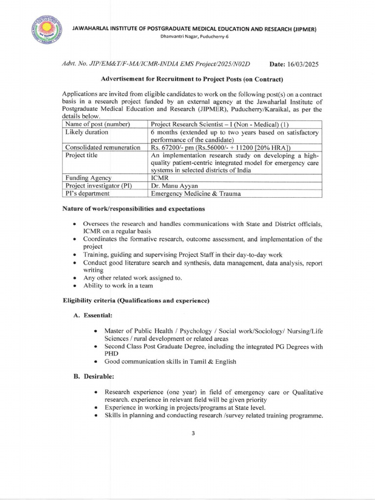 Jipmer Is Hiring | PDF