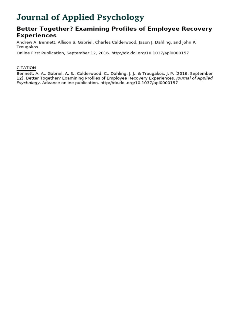 Better Together - Examining Profiles of Employee Recovery Experiences ...