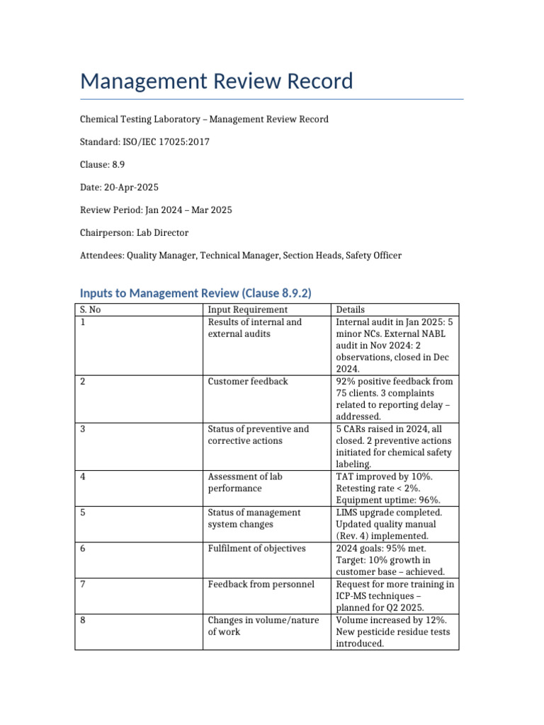 ISO 17025 Management Review Summary | PDF