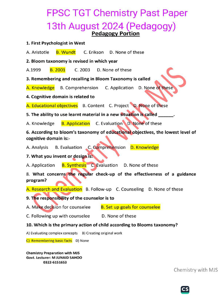 FPSC TGT Chemistry Paper 13th Aug 2024 (Pedagogy Portion) | PDF