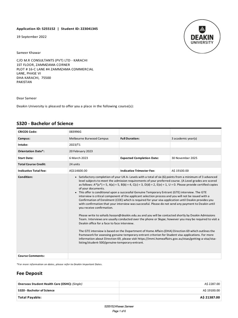 Deakin Acceptance Letter | PDF | Cost Of Living | Travel Visa