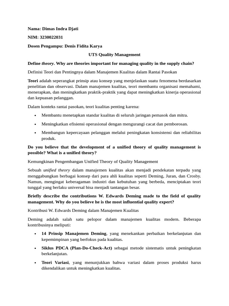 Quality Management, Assignment | PDF