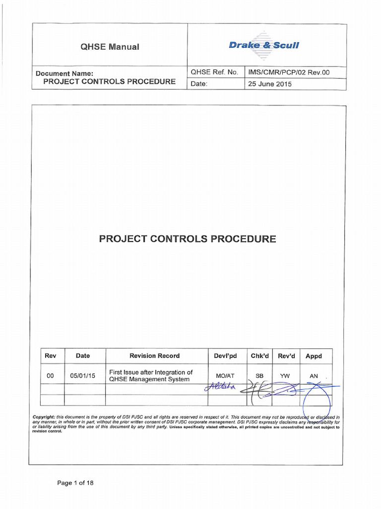 01 - Project Controls Procedure - (IMS-CMR-PCP-02-REV 00) - Full | PDF | Business | Economies