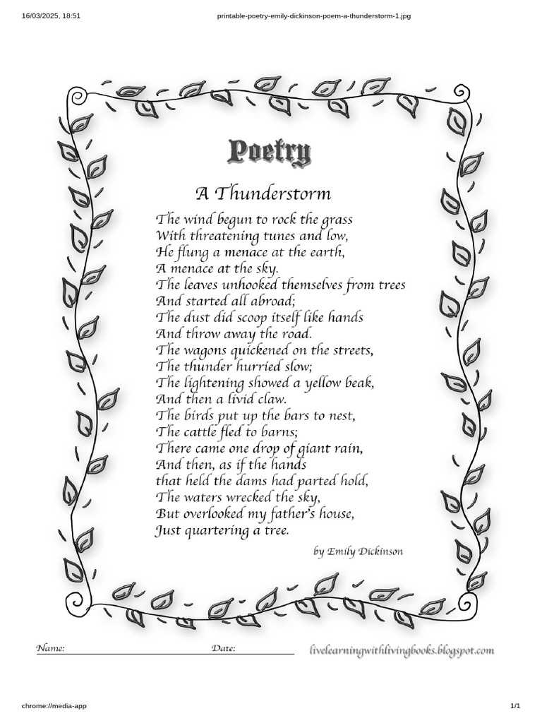 Printable Poetry Emily Dickinson Poem A Thunderstorm 1.jpg | PDF