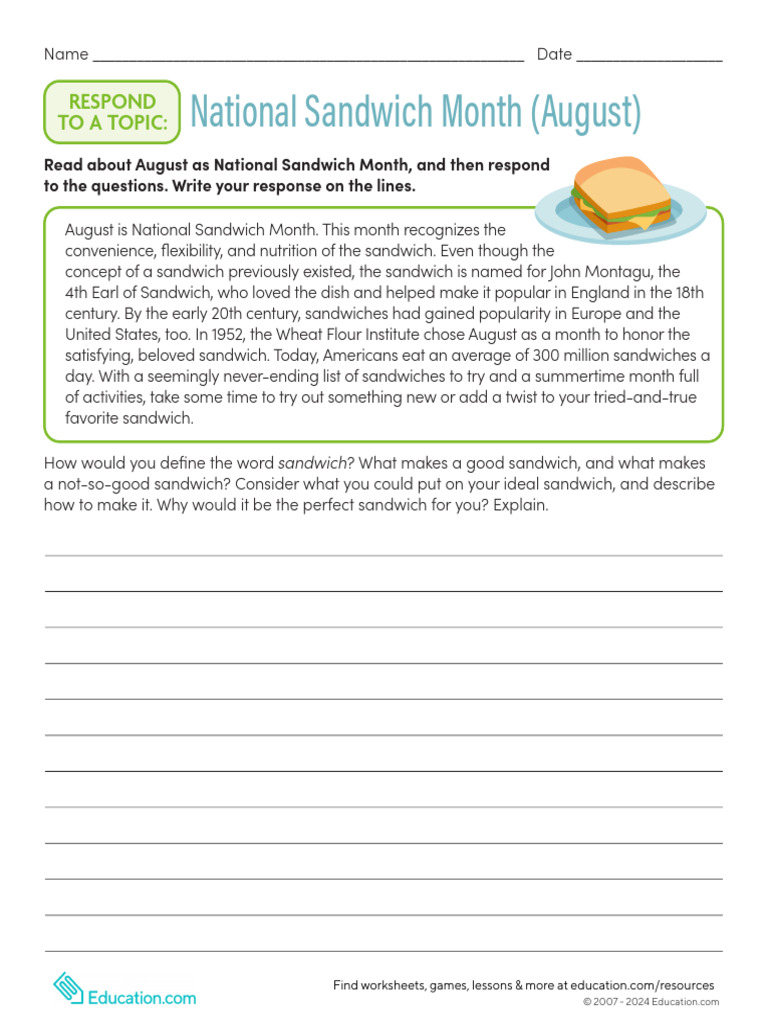 Respond To A Topic National Sandwich Month August | PDF