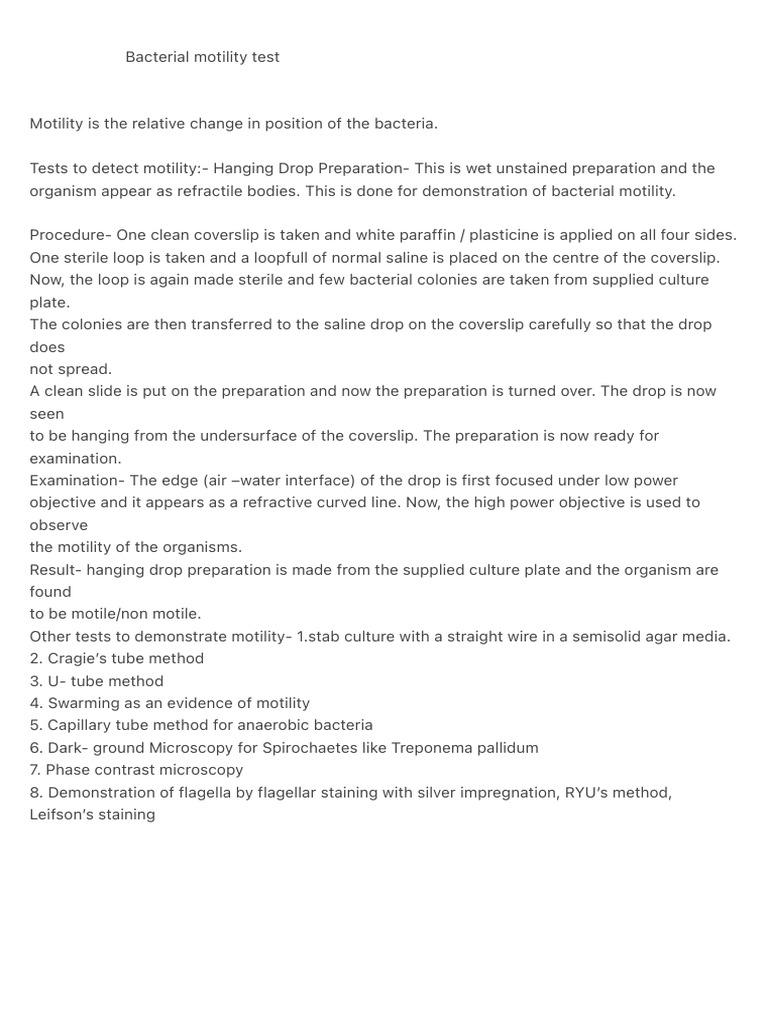 Bacterial Motility Test | PDF