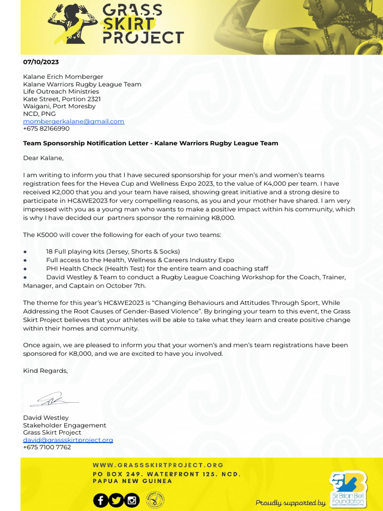 _Sponsorship Notification Letter - Kalane Warriors Rugby League Team | PDF