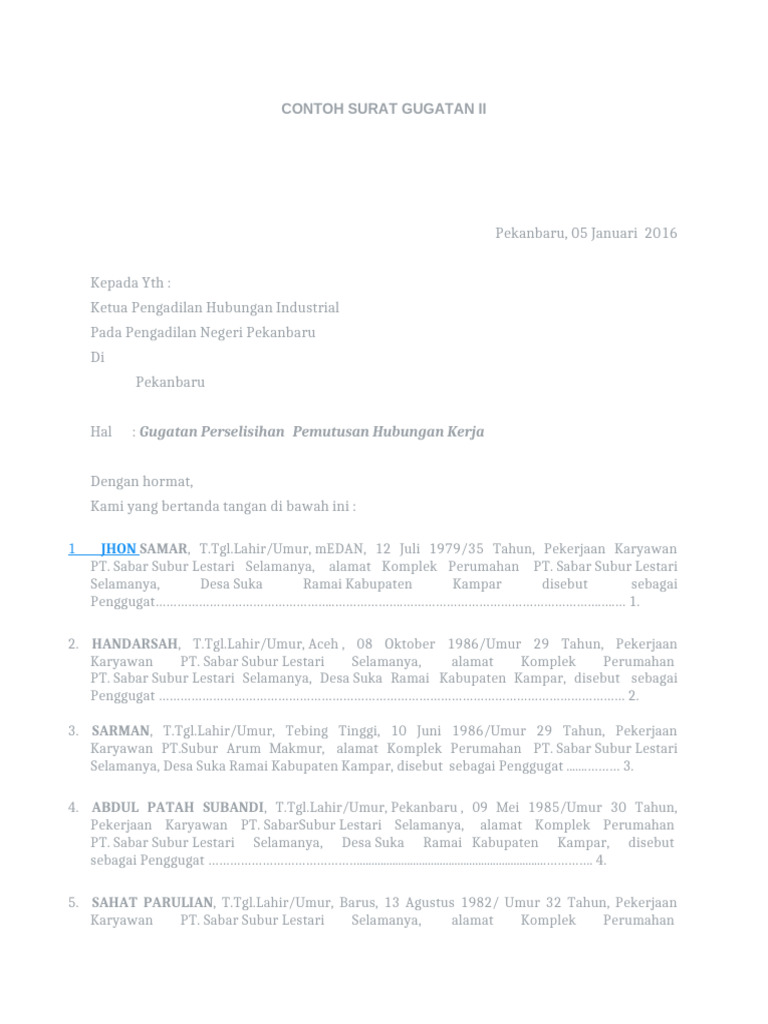 Surat Gugatan PHK Karyawan PT Sabar | PDF
