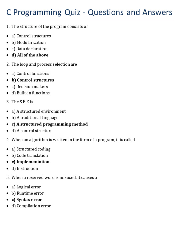 C Programming Quiz Answers | PDF | Computer Program | Programming