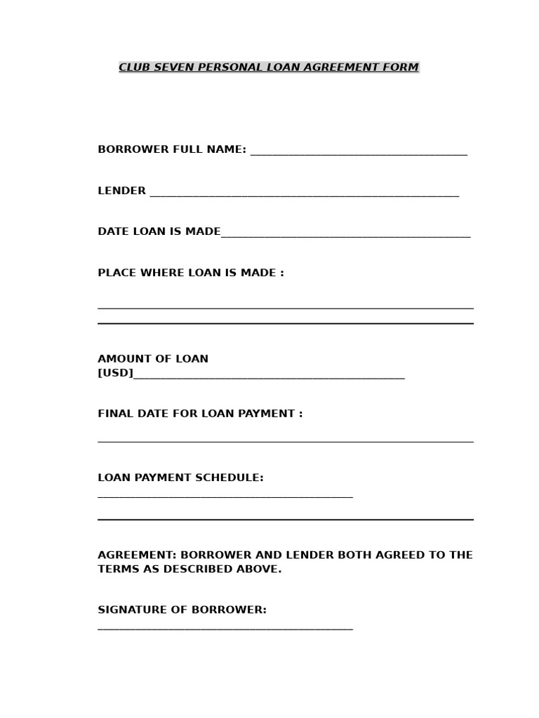 Club Seven Personal Loan Agreement Form | PDF