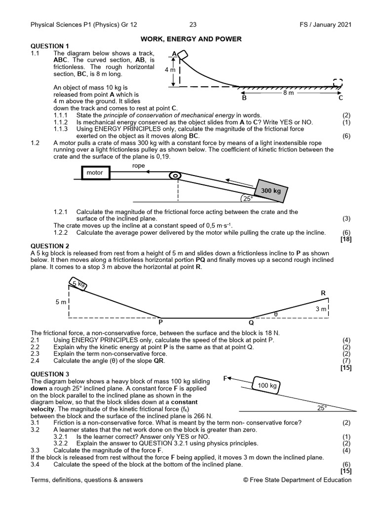 Grade 12 Physics: Work, Energy, Power Exam | PDF | Force | Friction