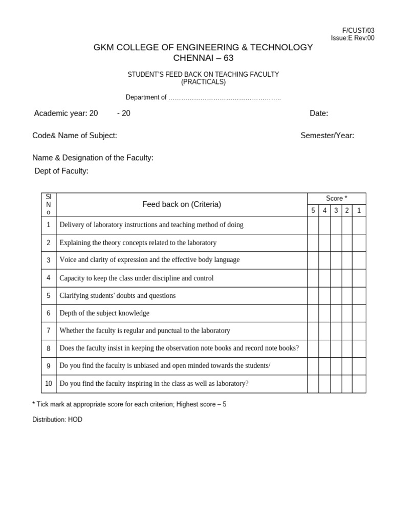 F-CUST-03-00Students Feed Back On Teaching Faculty Lab | PDF