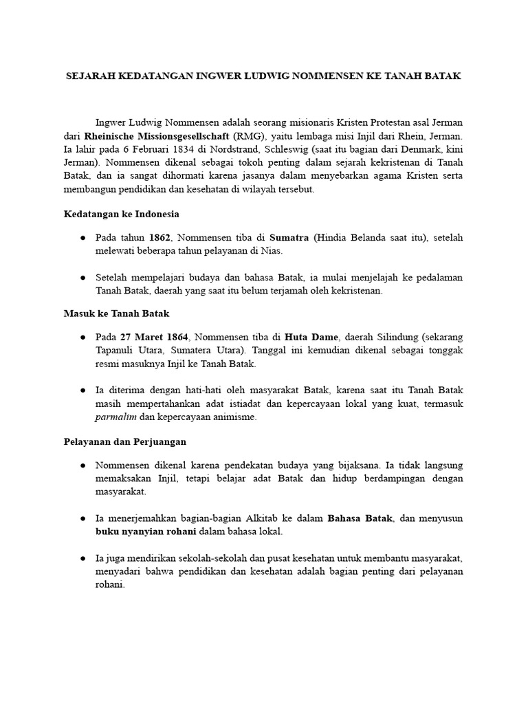 Sejarah Kedatangan Ingwer Ludwig Nommensen Ke Tanah Batak | PDF