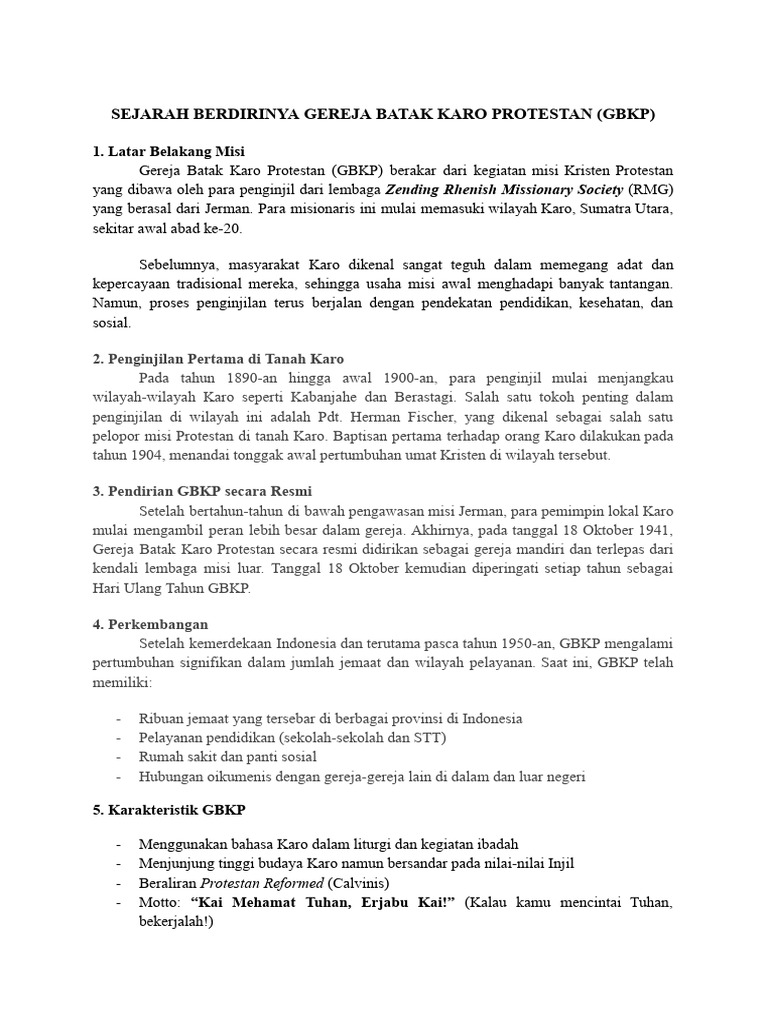 Sejarah Gereja Batak Karo Protestan | PDF
