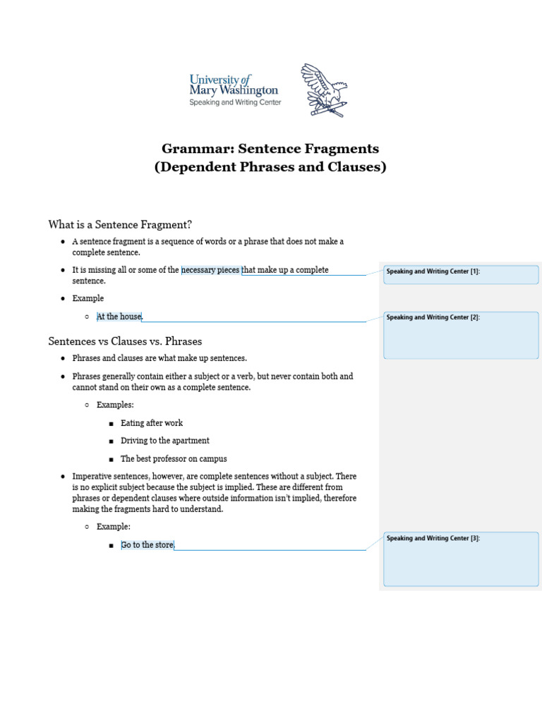Grammar - Recognizing Sentence Fragments Dependent Clauses 1 | PDF ...