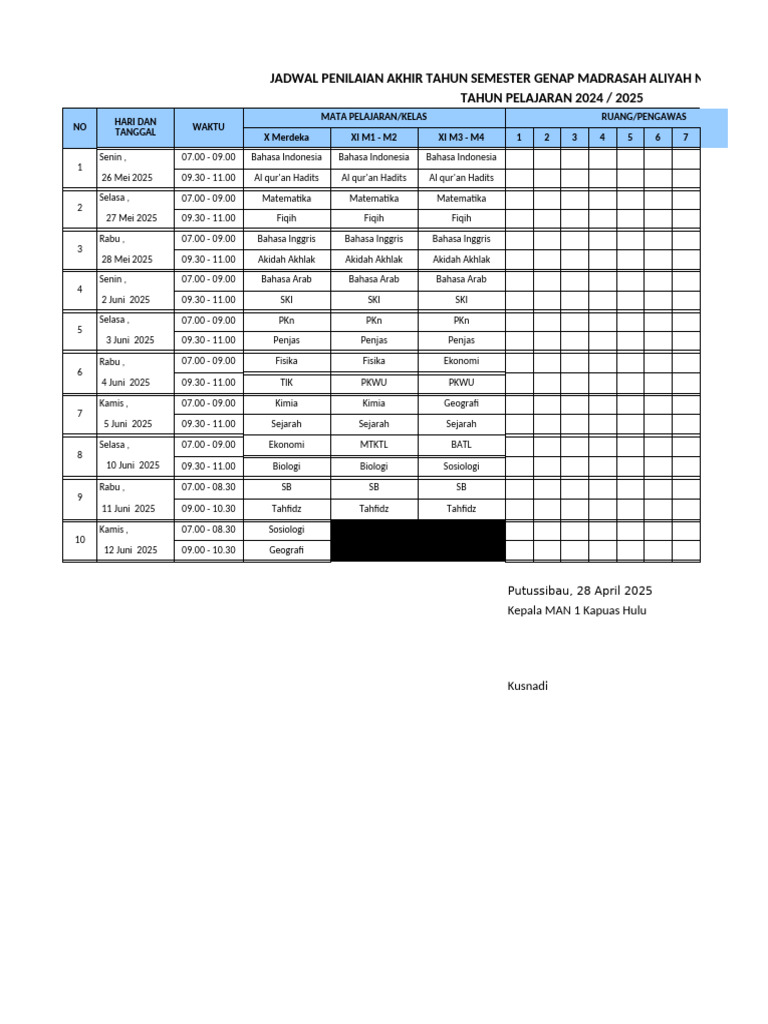 Jadwal Penilaian Akhir Tahun Semester Genap Tapel 2024-2025 | PDF