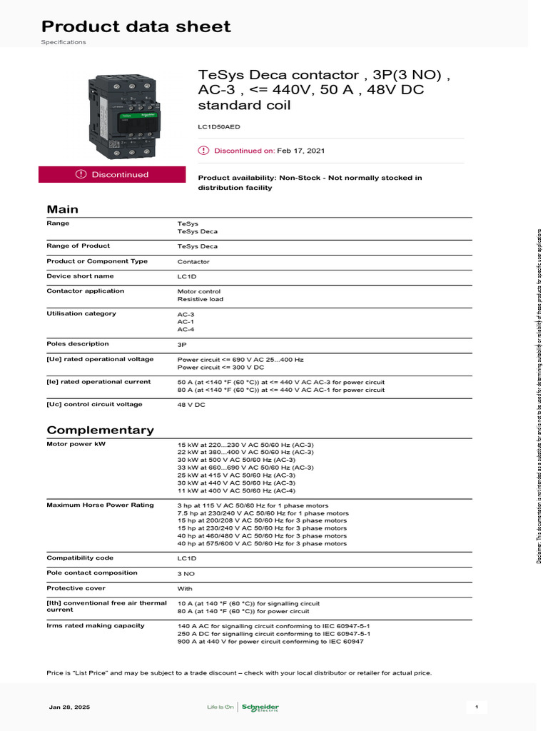Schneider Electric - TeSys-Deca-Contactors - LC1D50AED | PDF | Materials