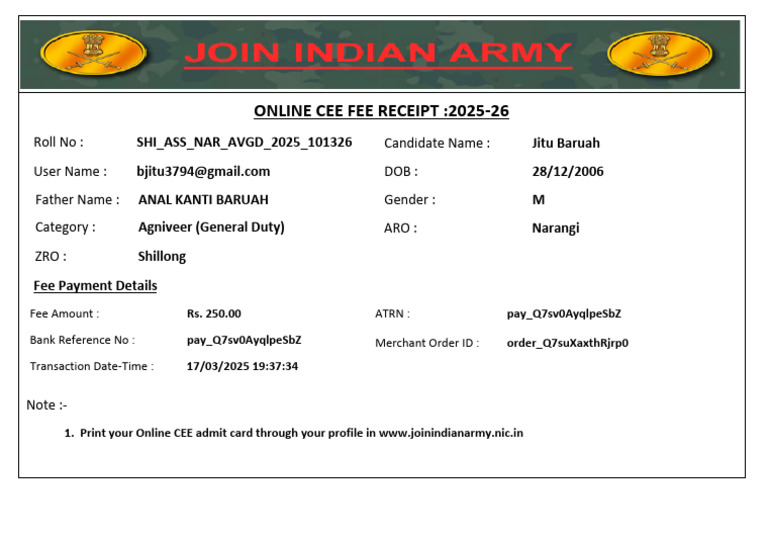 CEE Admit Card and Fee Receipt 2025 | PDF