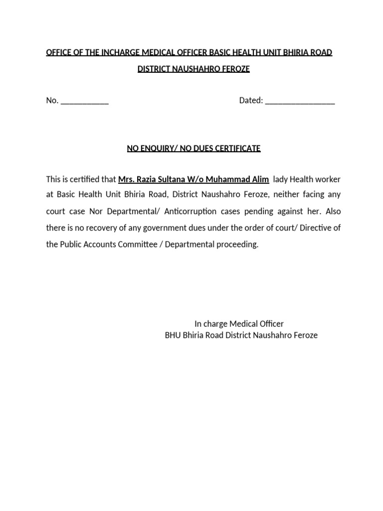 Basic Health Unit No Dues | PDF