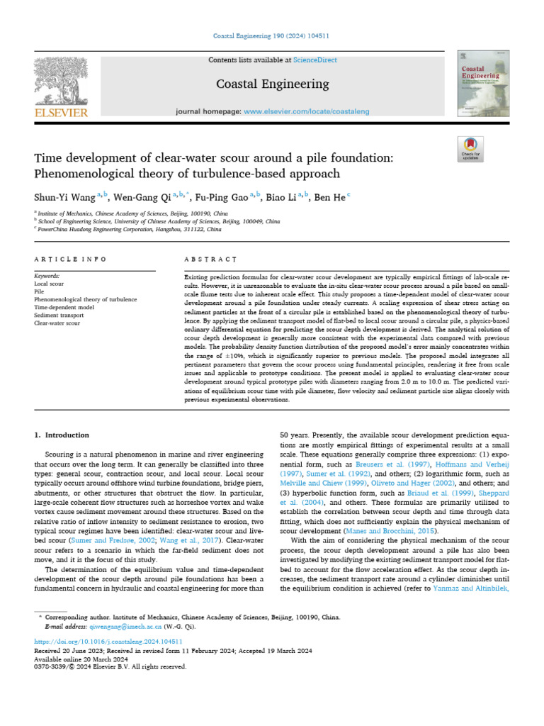 Time Development of Clear-Water Scour Around A Pile Foundation ...