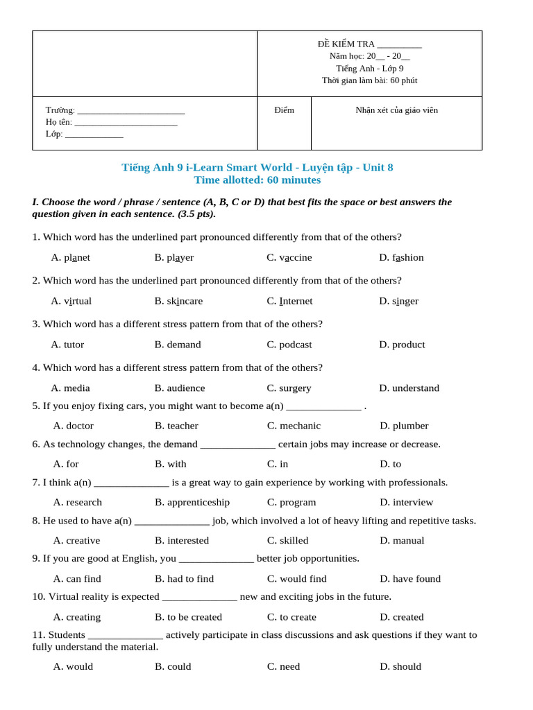 Tiếng Anh 9 - ILSM - UNIT 8 - ĐỀ 1 - TEST PAPER | PDF | Solar Power ...