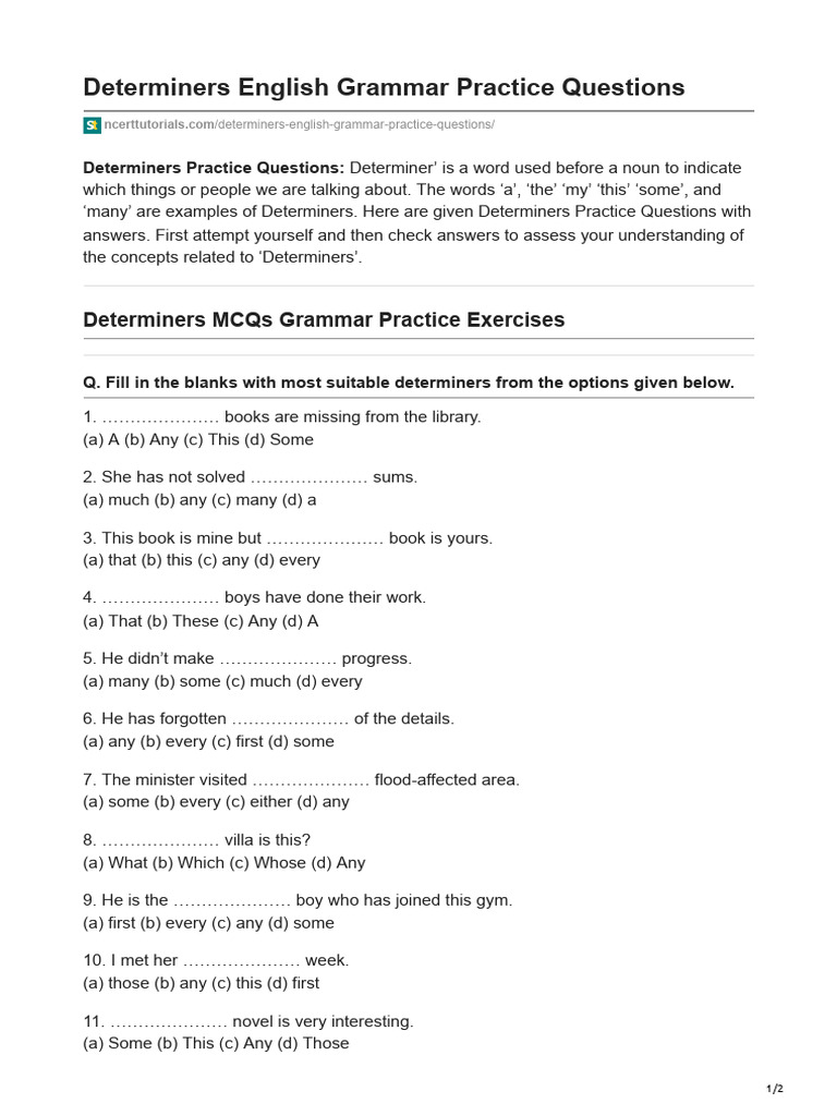 Determiners English Grammar Practice Questions | PDF | English Grammar | Linguistic Morphology