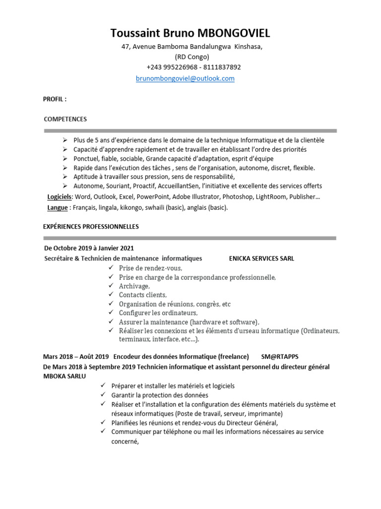 CV de Technicien Informatique à Kinshasa | PDF | Informatique | Logiciel