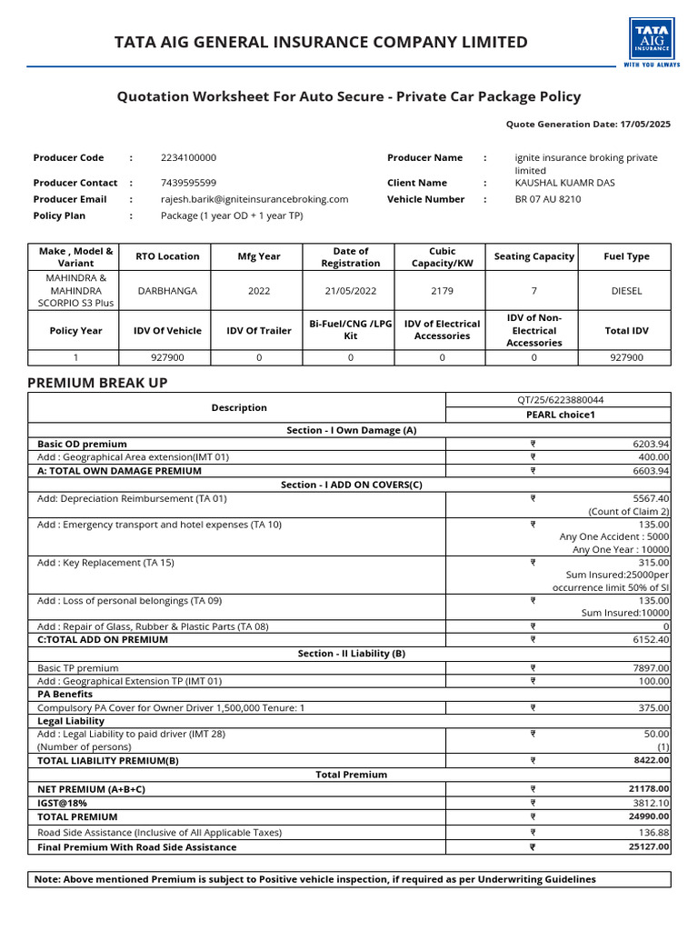 RTO Indihome Auto Insurance Quote | PDF | Insurance | Vehicles