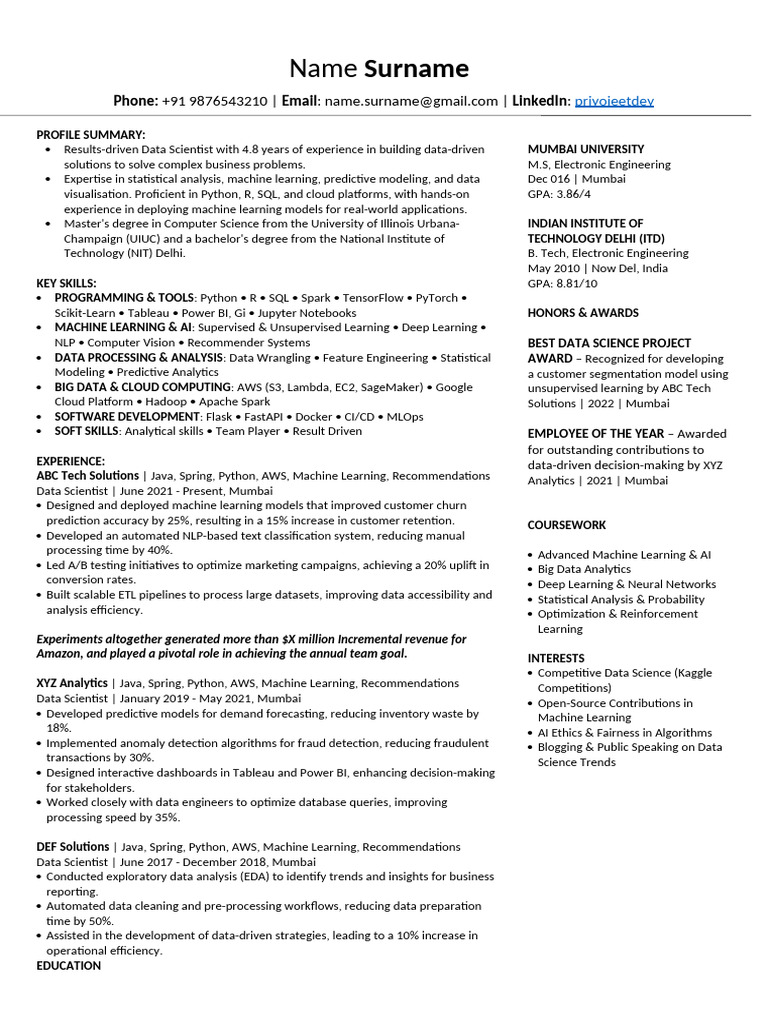 Sample ATS CV - Data Scientist | PDF | Machine Learning | Data Science