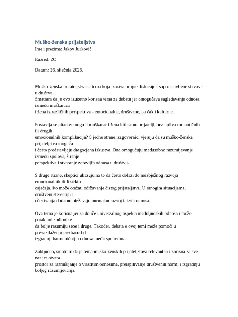 Musko Zenska Prijateljstva Jakov Jurkovic | PDF