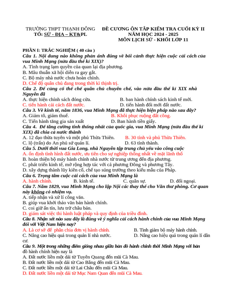 Đề Cương Lịch Sử 11 HKII. (2024- 2025) | PDF