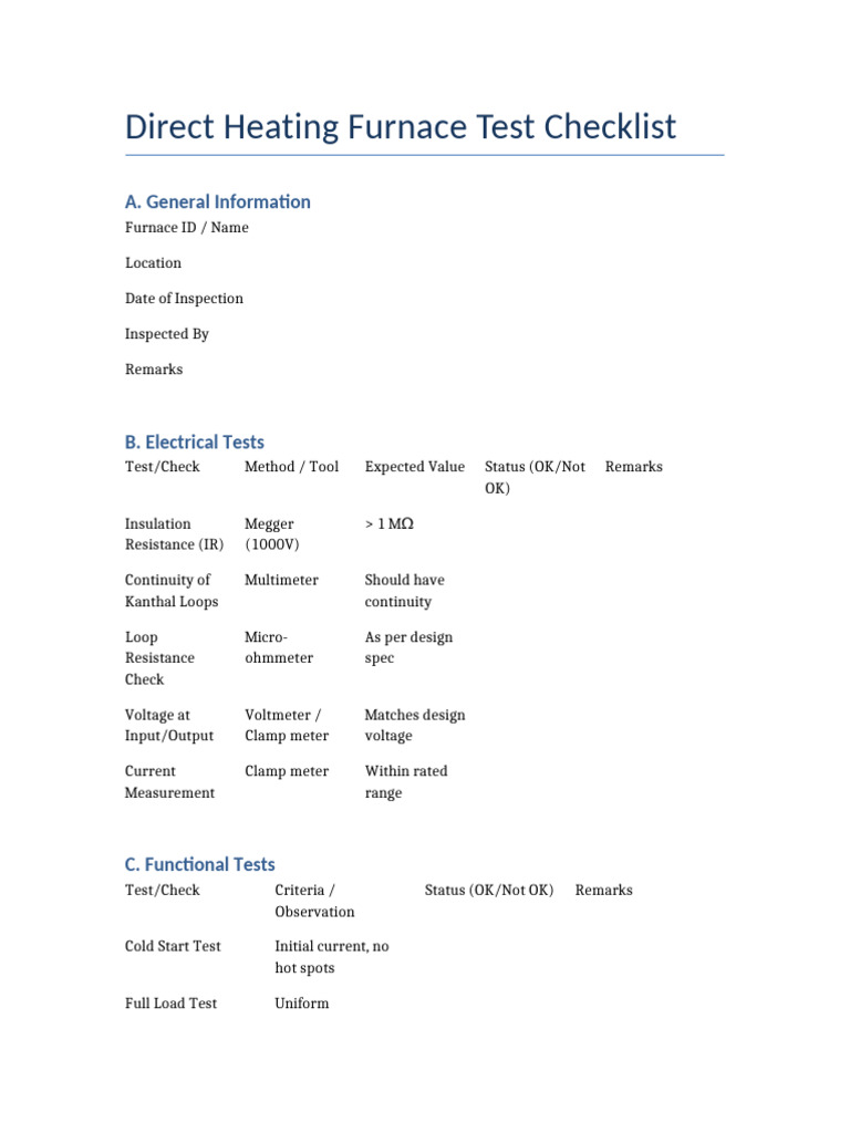 Direct Heating Furnace Test Checklist | PDF