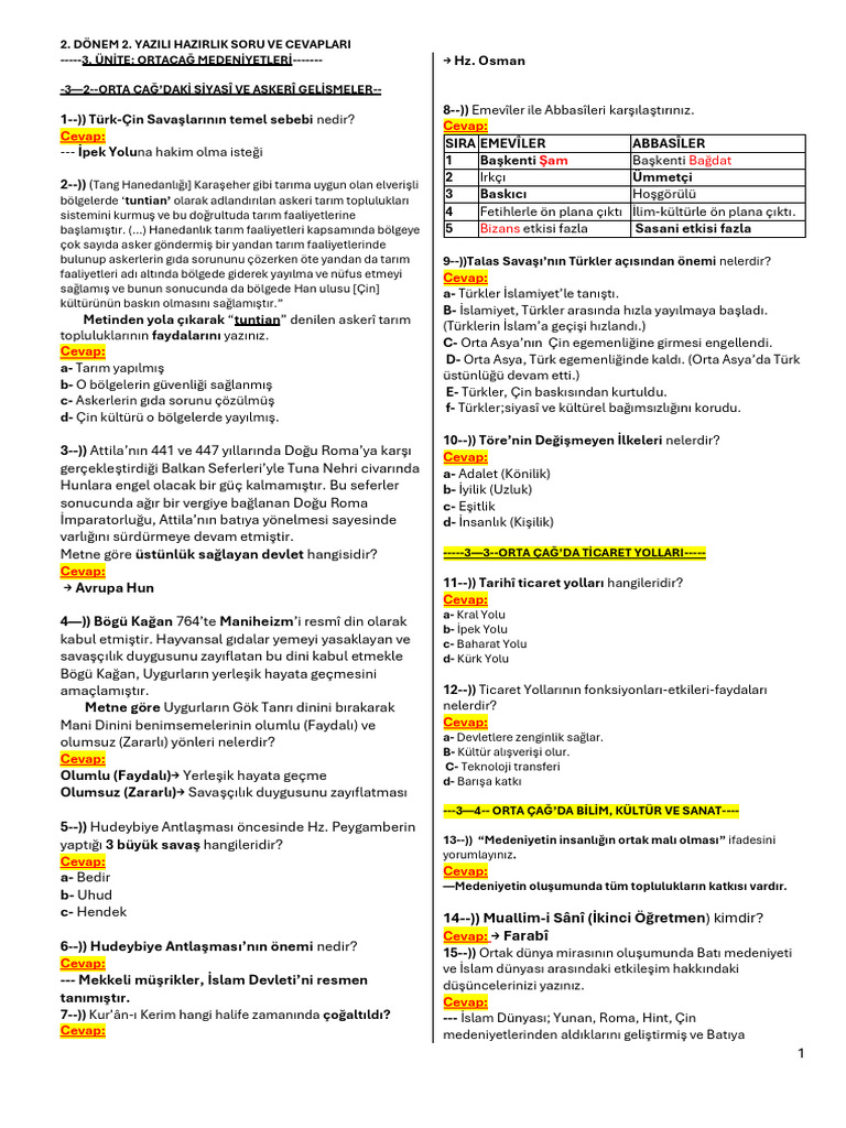 2024 25 Tari̇h 9 2 2 Yazili Hazirlik Soru Cevap | PDF