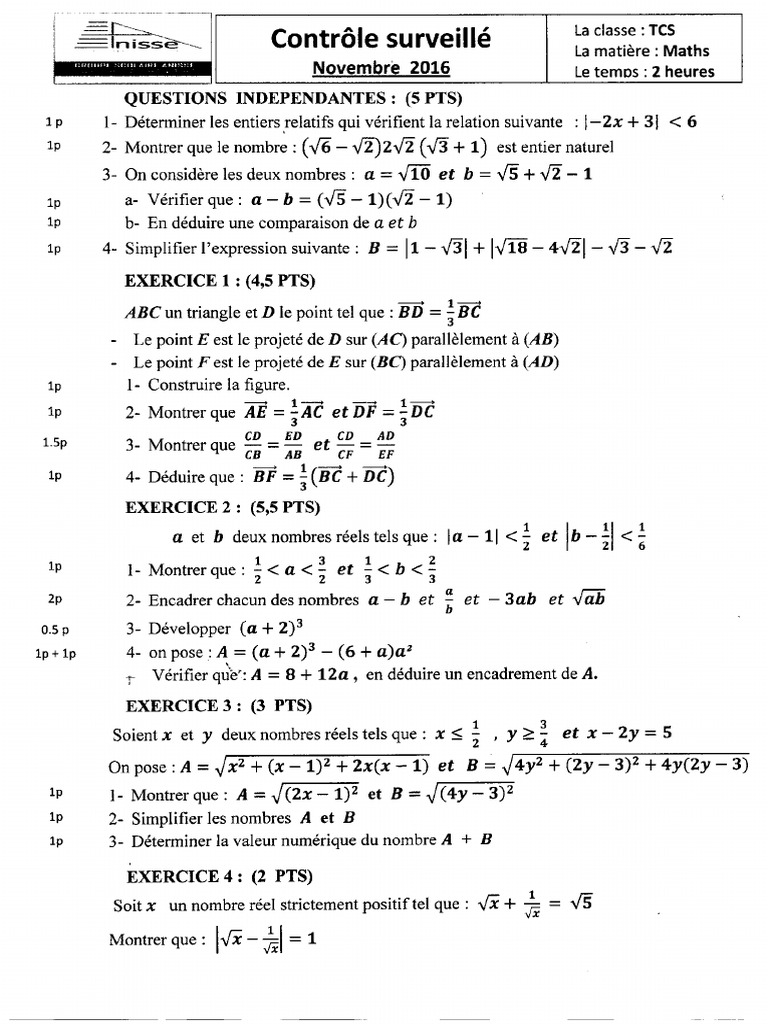 Devoir 2 Modele 1 Maths Tc Semestre 1 1 | PDF