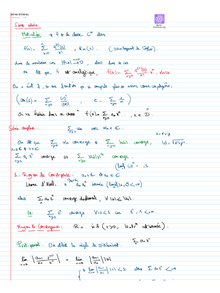 Analyse 4 Series Entieres Cours Et Exercices | PDF