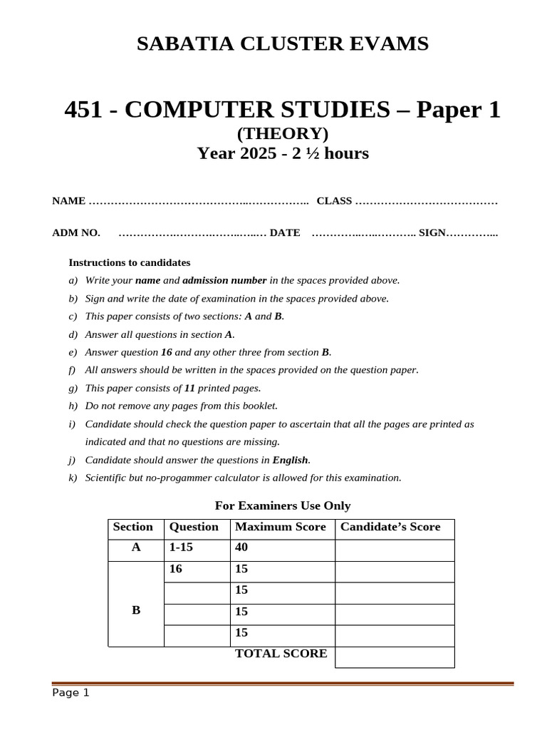 Sabatia Cluster Computer Studies PP1 Qns | PDF | Computing | Computer Architecture
